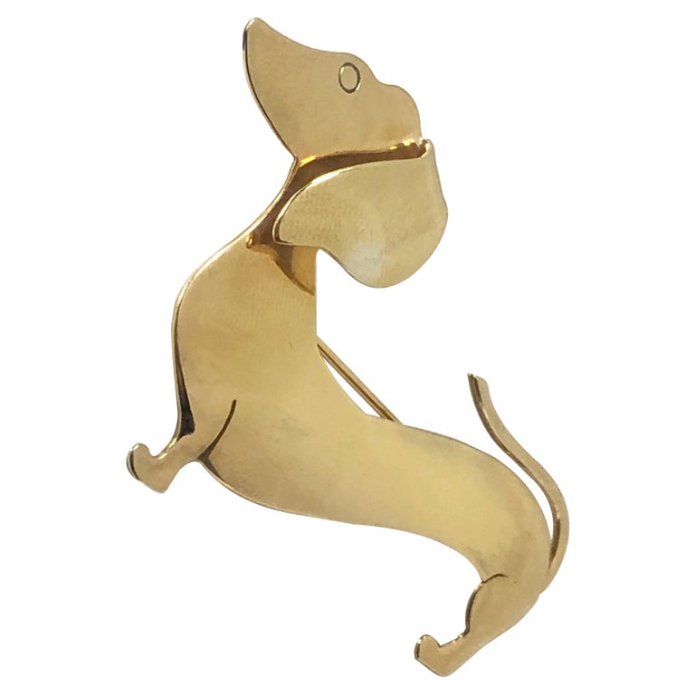 Sterling Vermeil Large Mid Century Dachshund Dog Brooch For Sale at 1stDibs