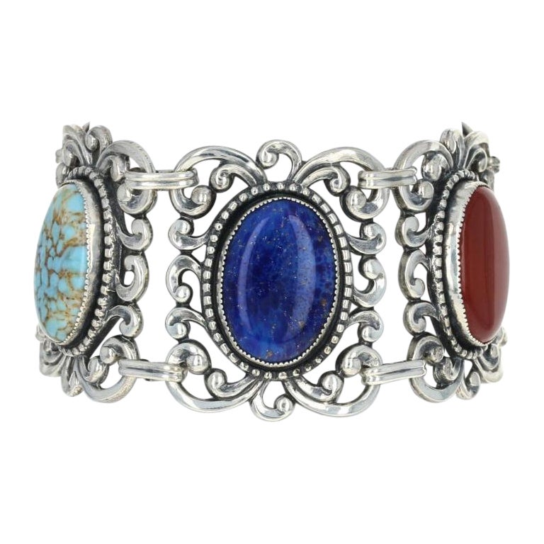 Bali Indonesia Sterling Silver Multi Gemstone Toggle Flexible Bracelet ...