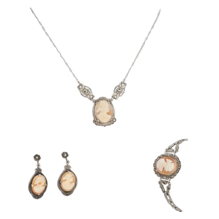 Vintage Carved Shell Cameo Jewelry Set, Silver Earrings Necklace ...