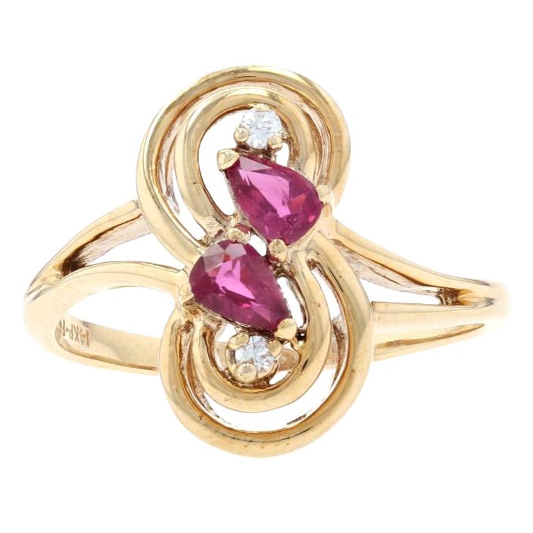 Yellow Gold Ruby and Diamond Swirl Bypass Ring, 14k Pear Cut .85ctw For ...