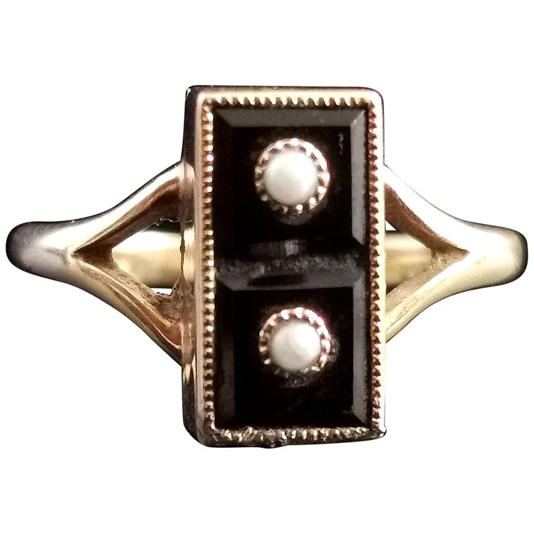 Vintage Onyx Domino Ring, 14k Yellow Gold, Seed Pearl at 1stDibs