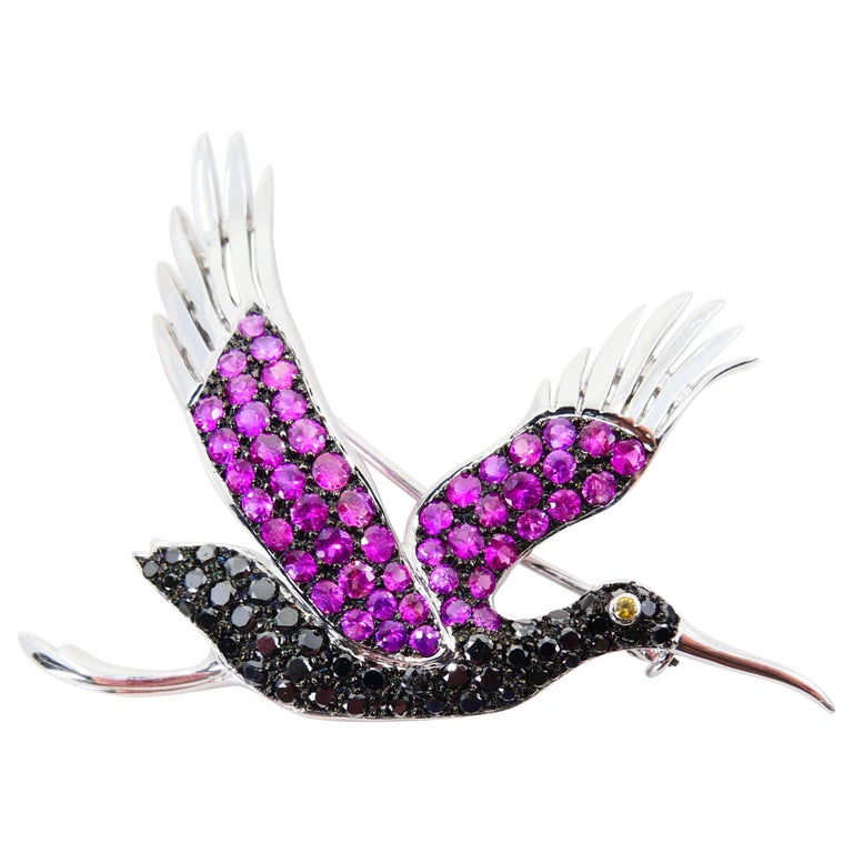 18k White Gold Pink and Yellow Sapphires, Black Diamond Stork Brooch ...