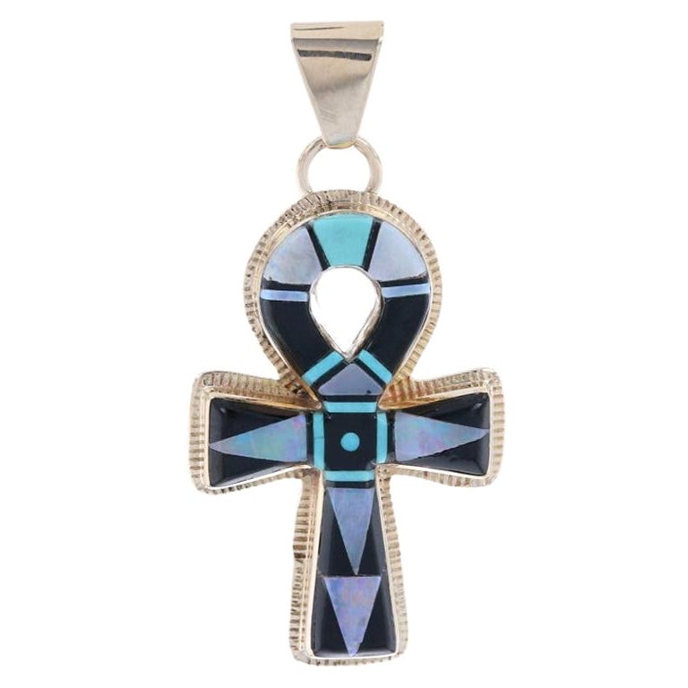 Yellow Gold Opal Turquoise Onyx Native American Ankh Pendant, 14k Life ...