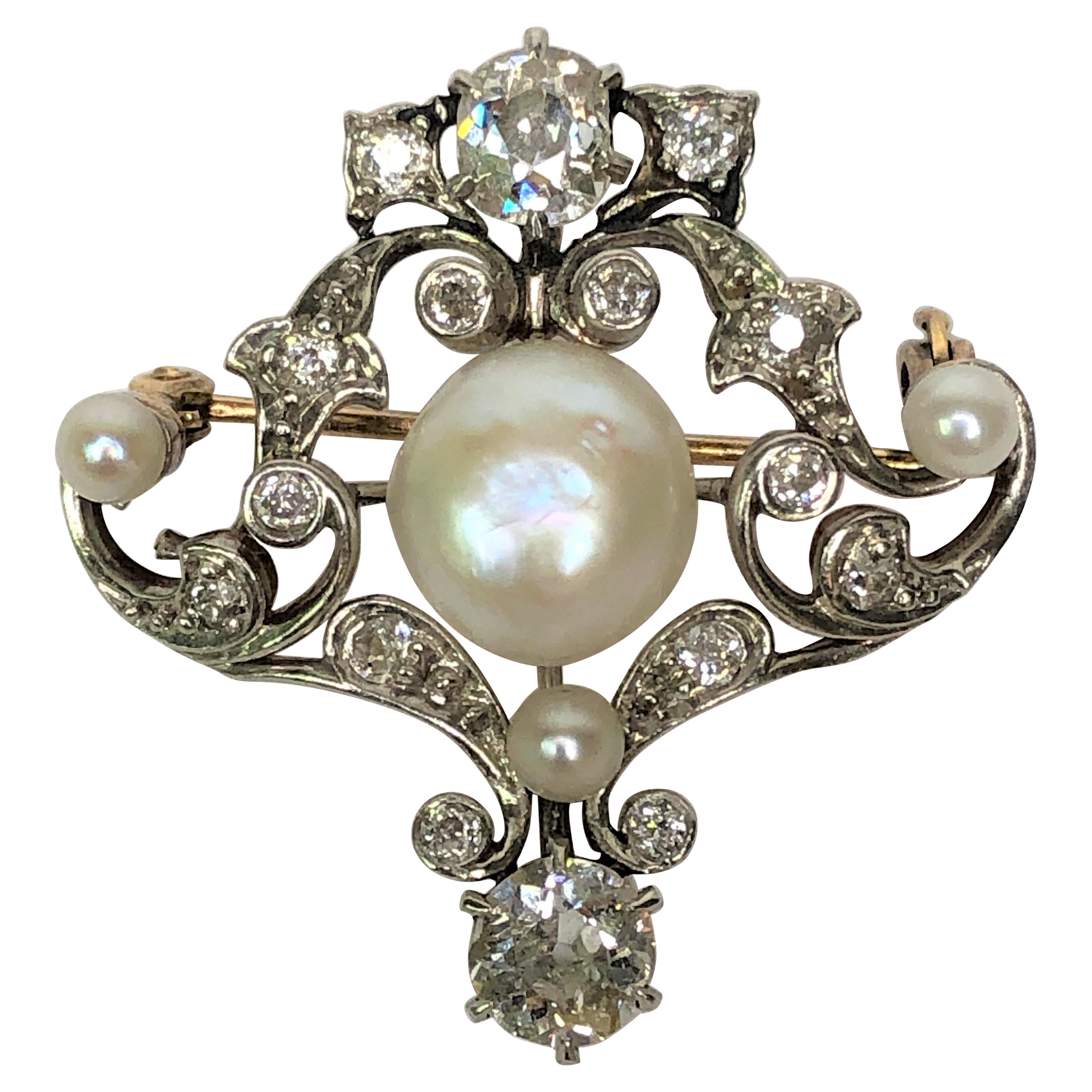 Ruser Gold Platinum Pearl diamond Brooch at 1stDibs
