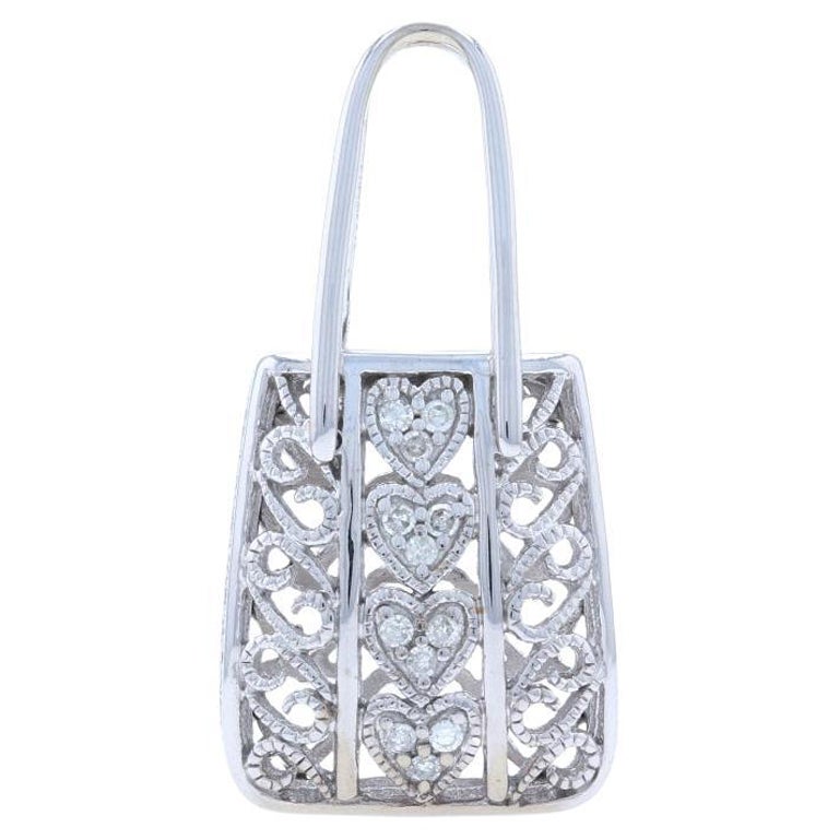 Diamond Purse Pendant, 10k White Gold Hearts Tote Design Single Cut ...