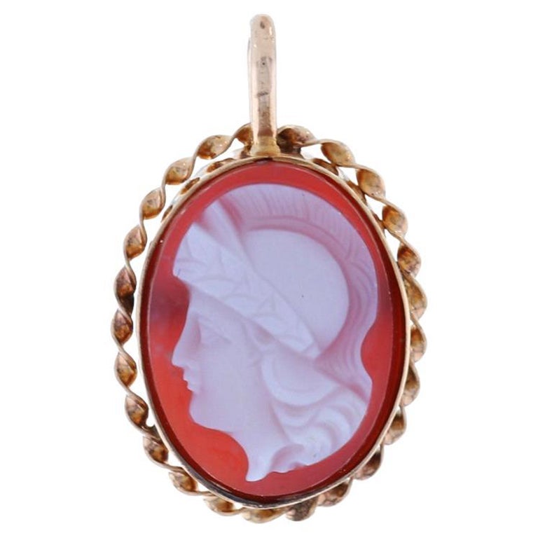 Vintage Carved Agate Cameo Pendant, 10k Yellow Gold Silhouette For Sale ...