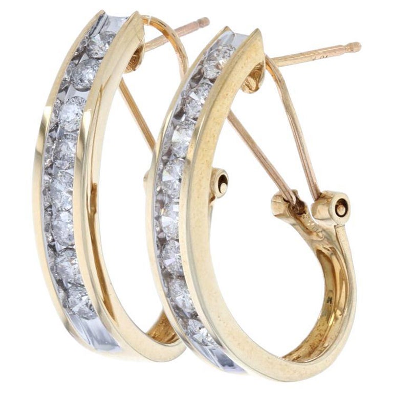 New Diamond J-Hoop Earrings, 10k Yellow Gold Pierced Round Cut 1.00ctw ...