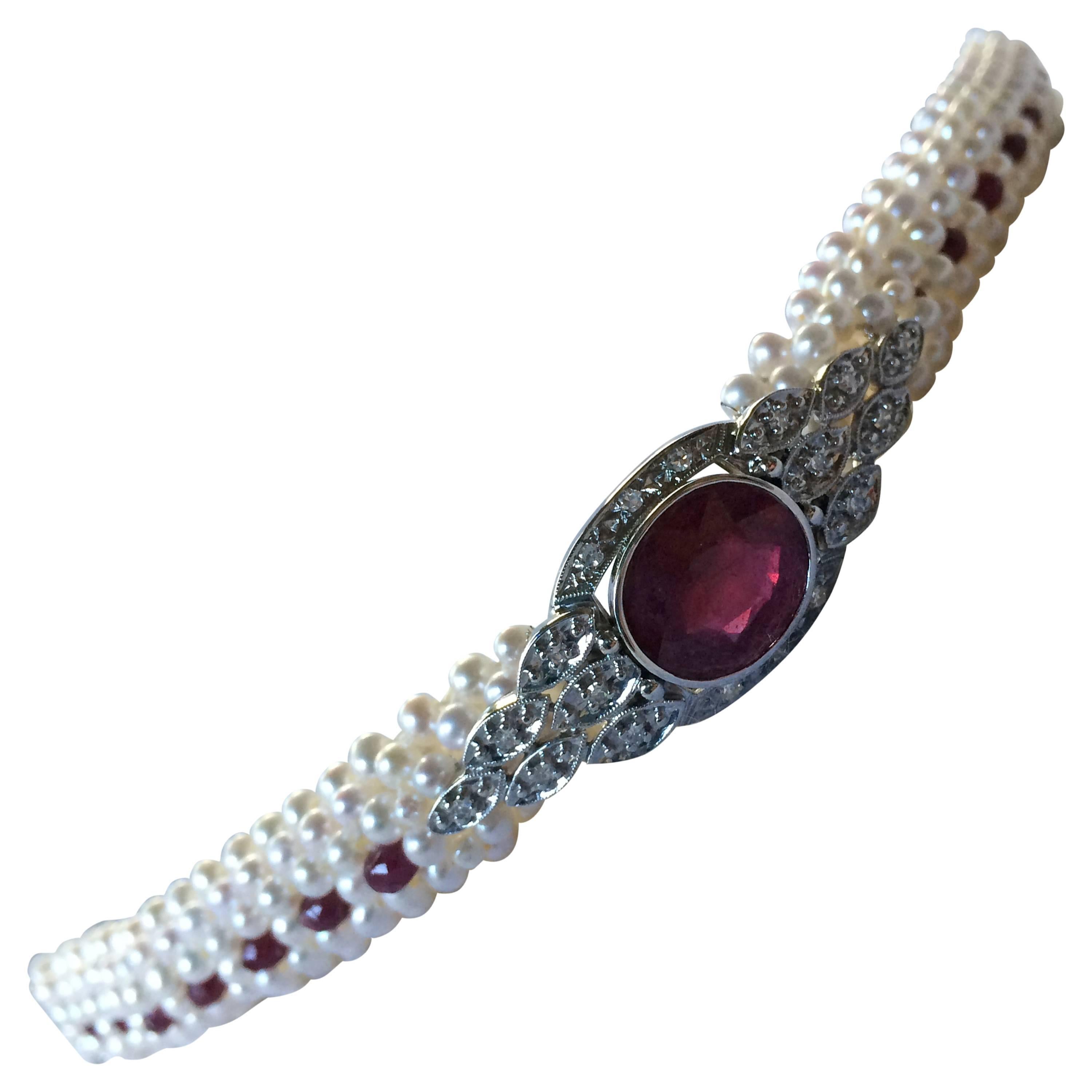 Woven Pearl Ruby Gold Bracelet at 1stDibs