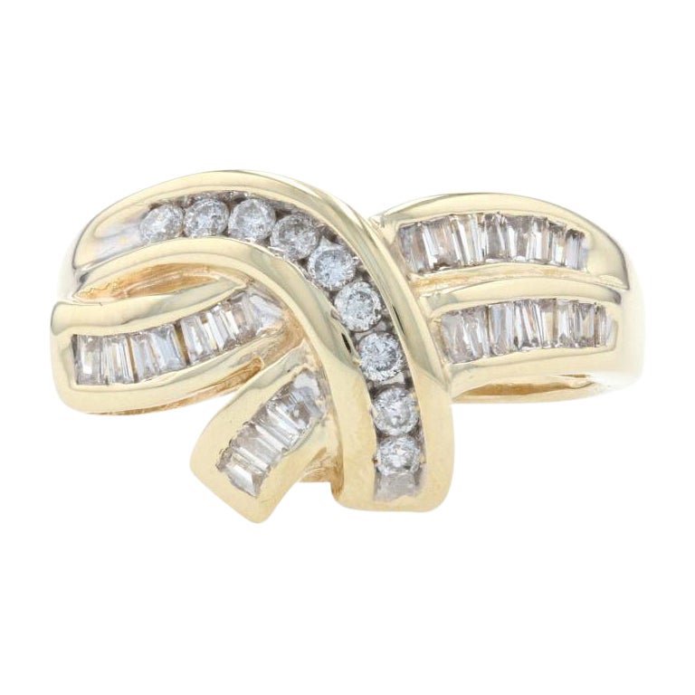 Yellow Gold Diamond Crossover Ring, 14k Round and Baguette Cut .50ctw Ribbons For Sale at 1stDibs