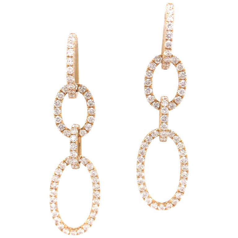 14K Diamond Oval Link Hanging Diamond Earrings Yellow Gold at 1stDibs