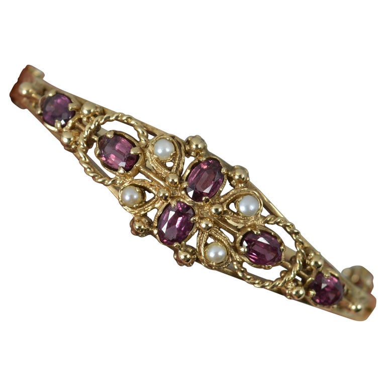 Stunning Victorian Design Garnet and Seed Pearl 9 Carat Gold Bangle For ...