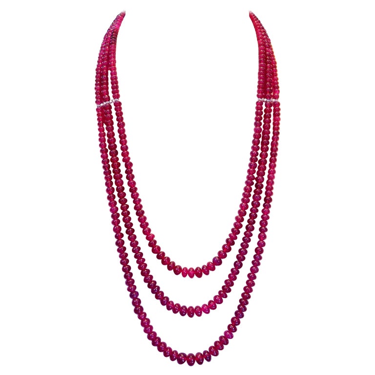 Triple Strand Ruby Bead Necklace with Faceted Diamond Cut White Gold Bar Spacers For Sale at 1stDibs