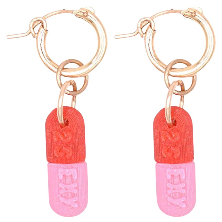 3d Printed Painkiller Pill Earrings Red and Pink For Sale at 1stDibs