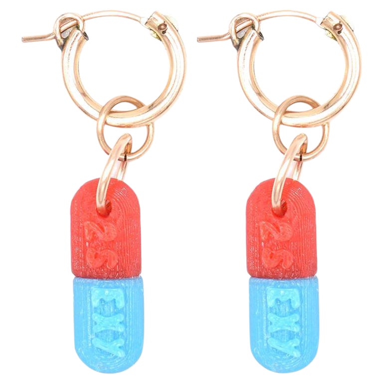 3d Printed Painkiller Pill Earrings Red and Blue For Sale at 1stDibs