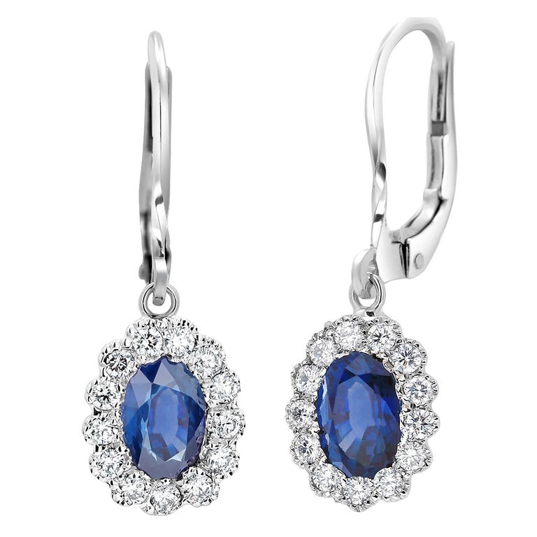 Ceylon Oval Sapphire and Diamond White Gold Cluster Lever Back Earrings at 1stDibs