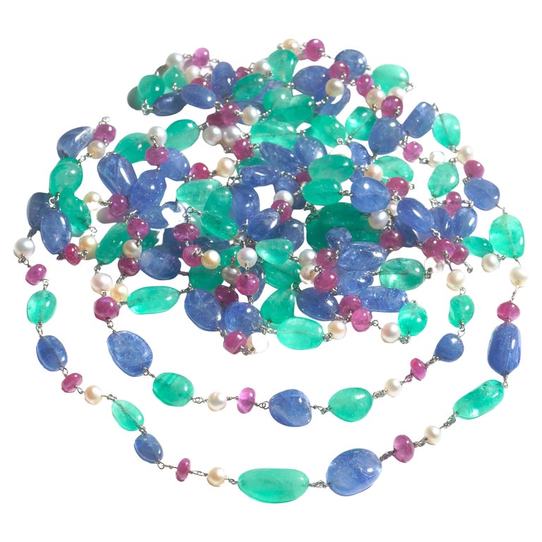 Emerald, Sapphire, Ruby, Pearl and White Gold Long Chain Necklace For ...