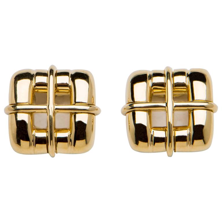 Tiffany and Co. Gold Square Buckle Motif Earrings For Sale at 1stDibs