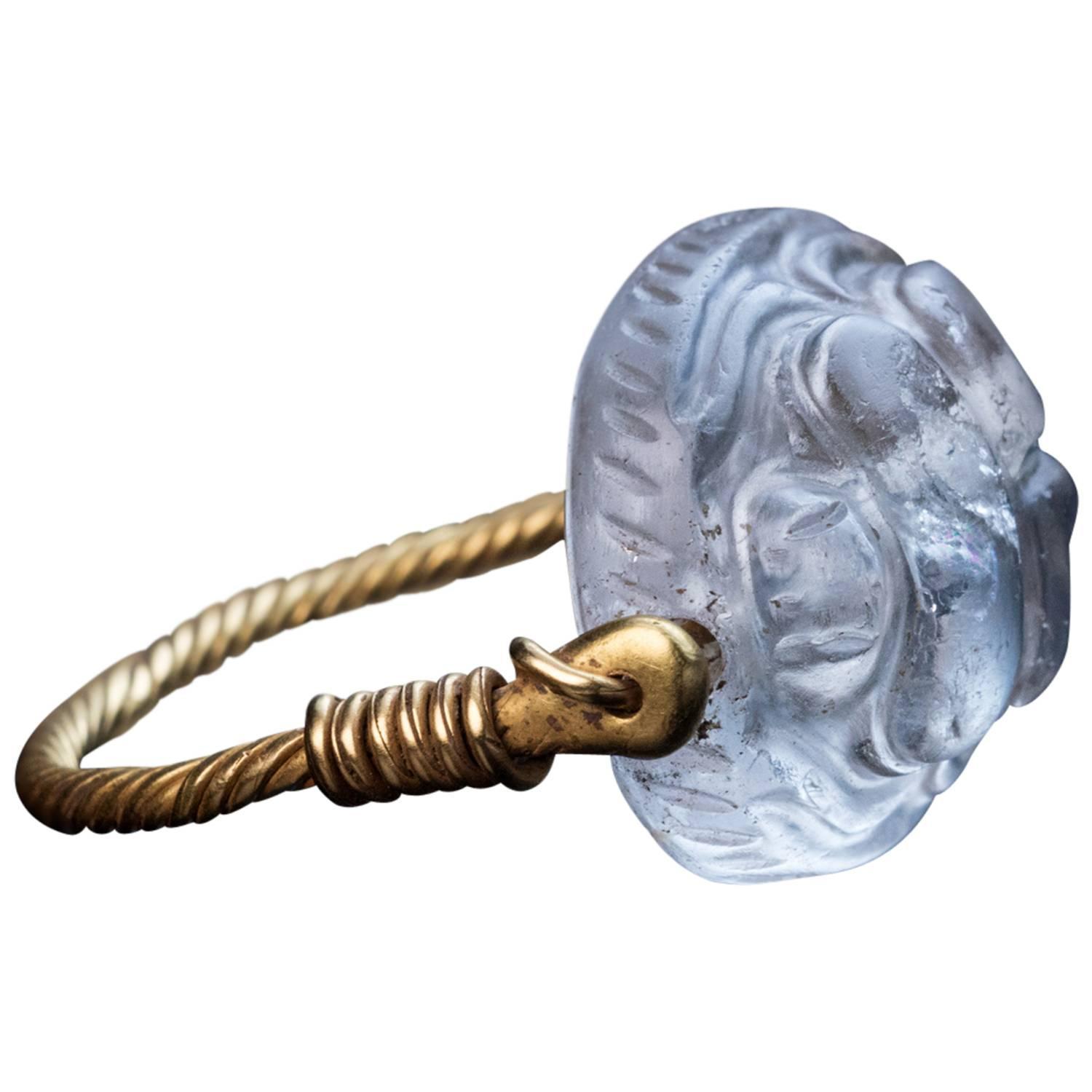 Ancient Greek Rock Crystal Gold Swivel Signet Ring For Sale at 1stdibs