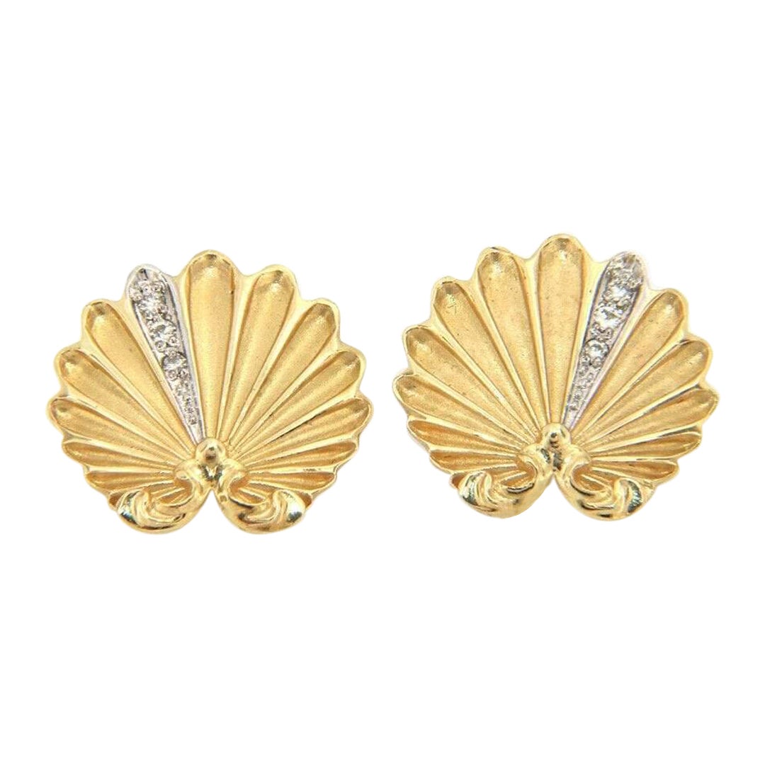 Diamond Seashell Earring Studs in 14 Karat Gold, Diamond Sea Shell ...