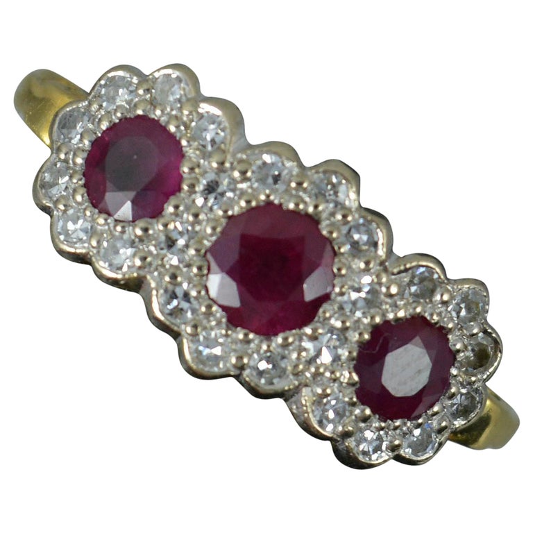 Sparkly Ruby and Diamond 18ct Gold Triple Cluster Ring For Sale at 1stDibs