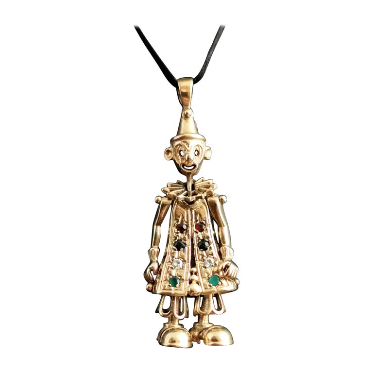 Vintage 9 Karat Yellow Gold Clown Pendant, Articulated Gemstone Pendant ...