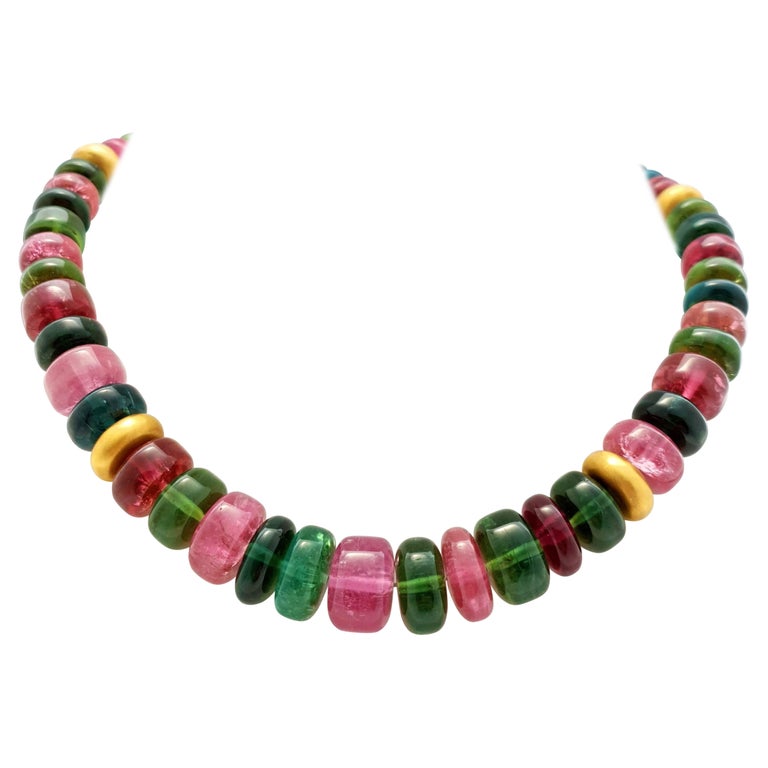 Multicolour Tourmaline Rondel Beaded Necklace with 18 Carat Mat Yellow ...