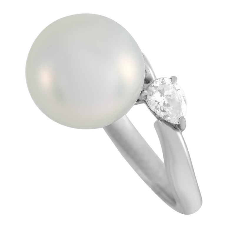 LB Exclusive Platinum 0.31 Ct Diamond and Pearl Off-Center Ring at 1stDibs