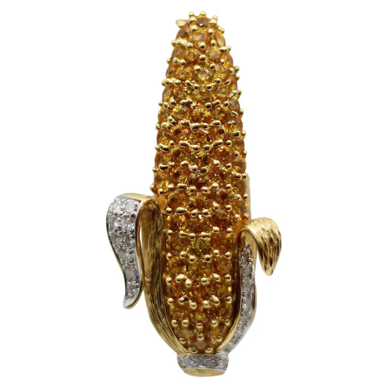 A Vintage 11.10 Carat Yellow Sapphire and Diamond Corn Brooch For Sale ...
