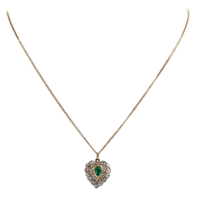 Pretty Emerald and Diamond Heart Pendant, 18K Yellow Gold For Sale at ...