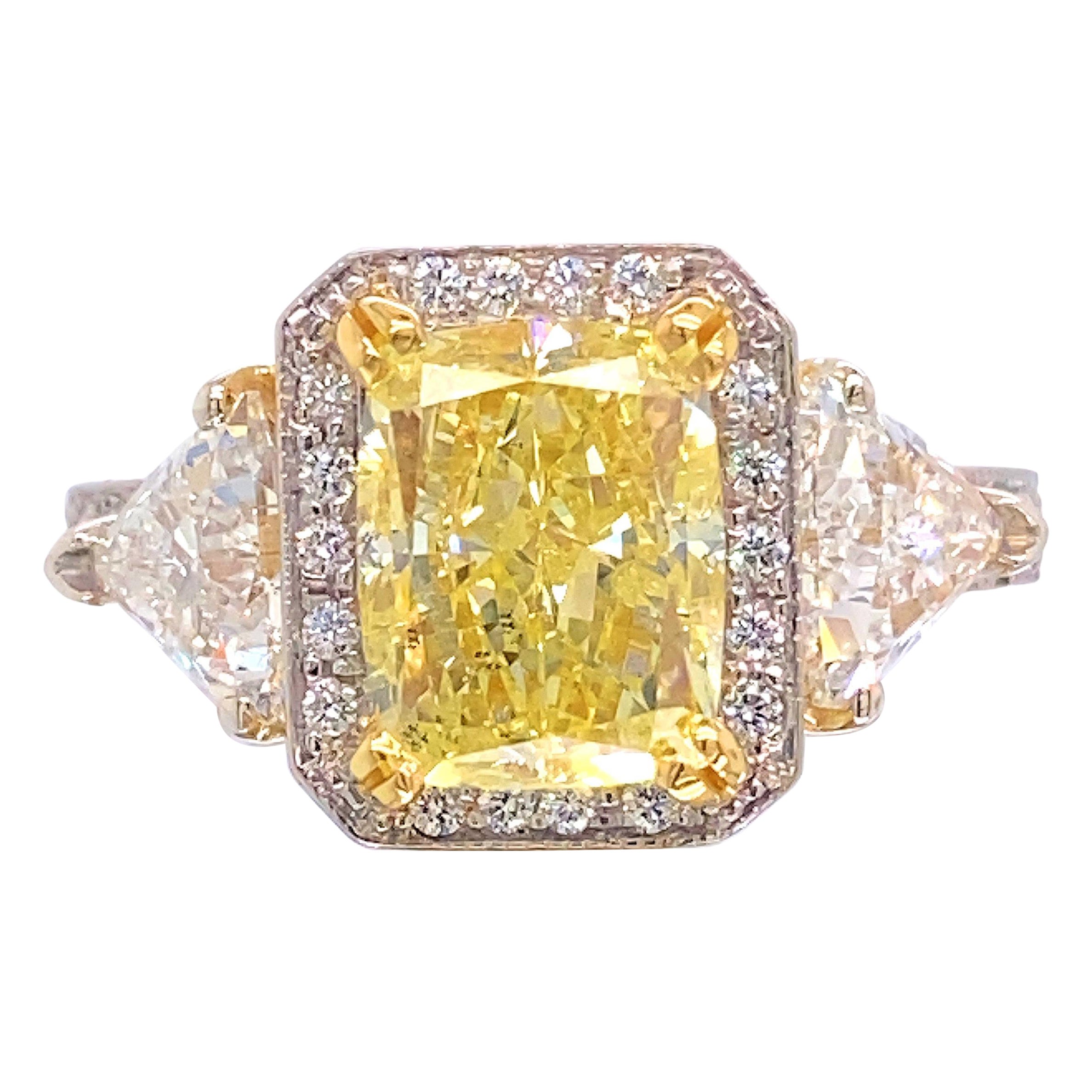 Fancy Vivid Yellow Round Diamonds 3-Stone Semi Mount Engagement Ring ...