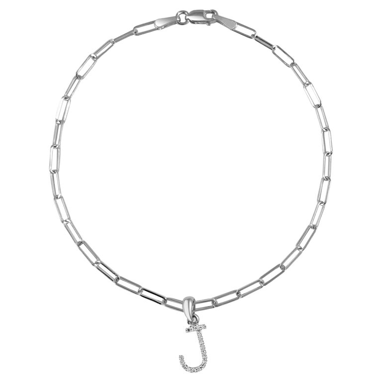 14 Karat White Gold Paperclip Diamond Initial "J" Link Chain Bracelet ...