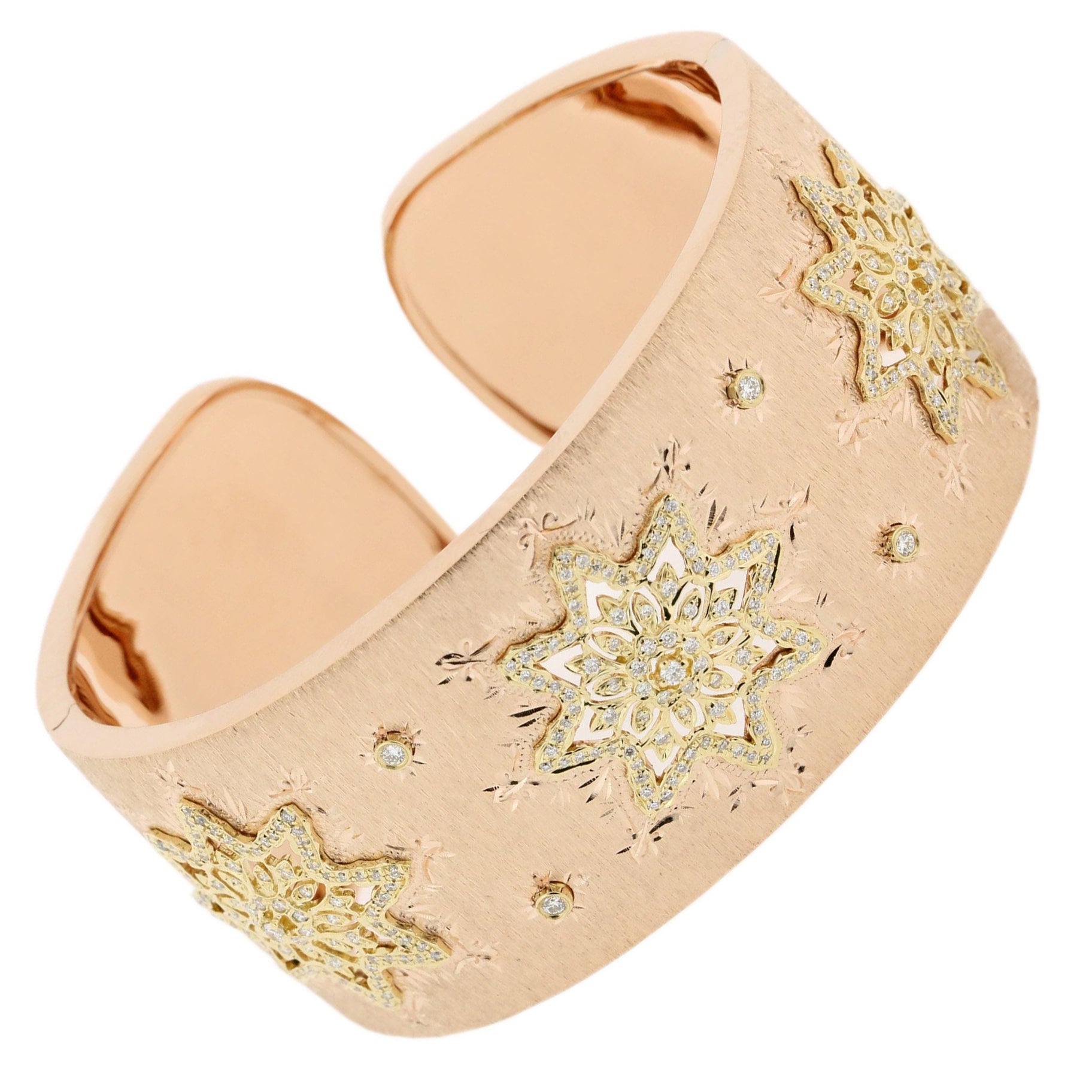 18K Yellow and Rose Gold Diamond Openwork Art Bangle Bracelet in Florentine Finish For Sale at ...