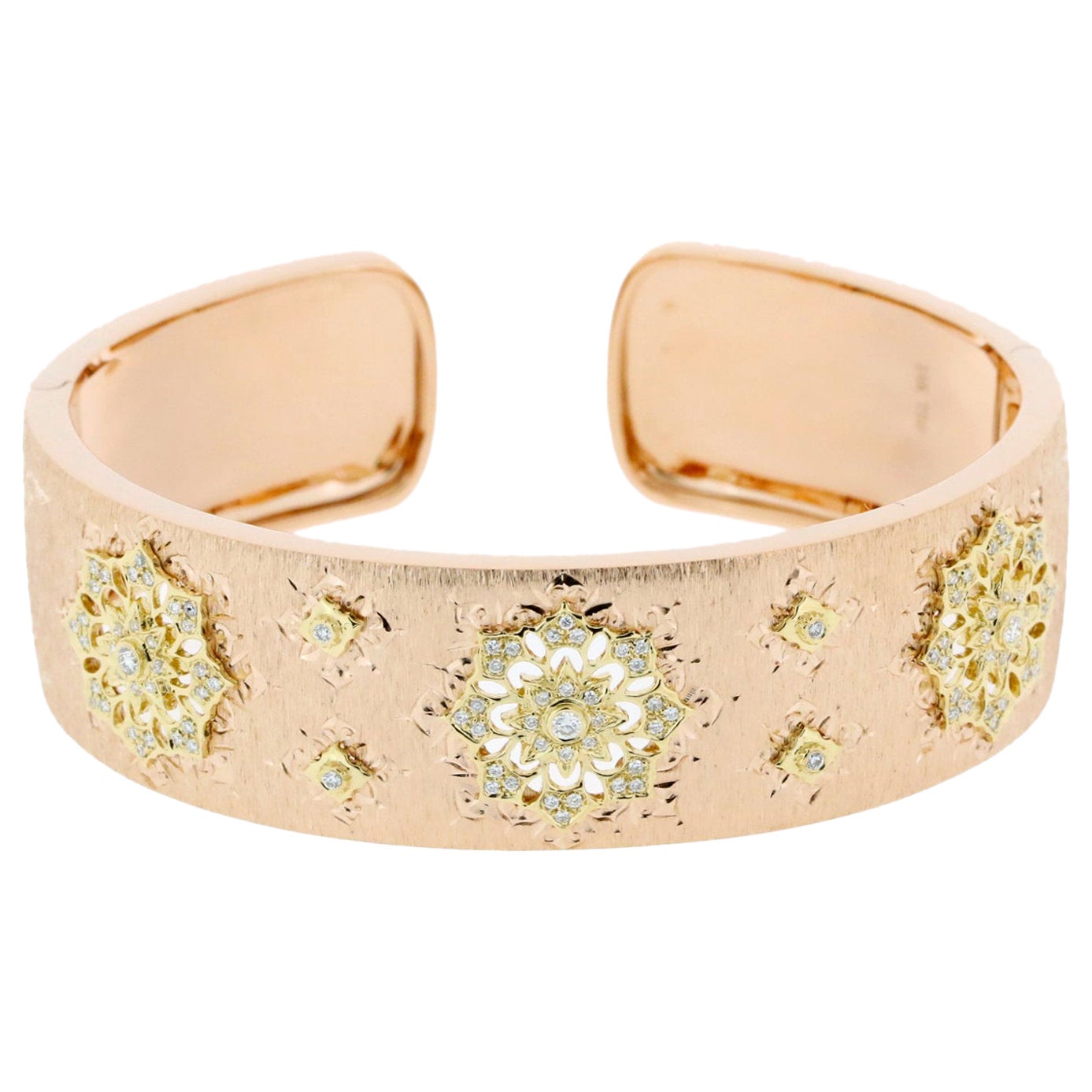 18K Yellow and Rose Gold Diamond Openwork Art Bangle Bracelet in Florentine Finish For Sale at ...
