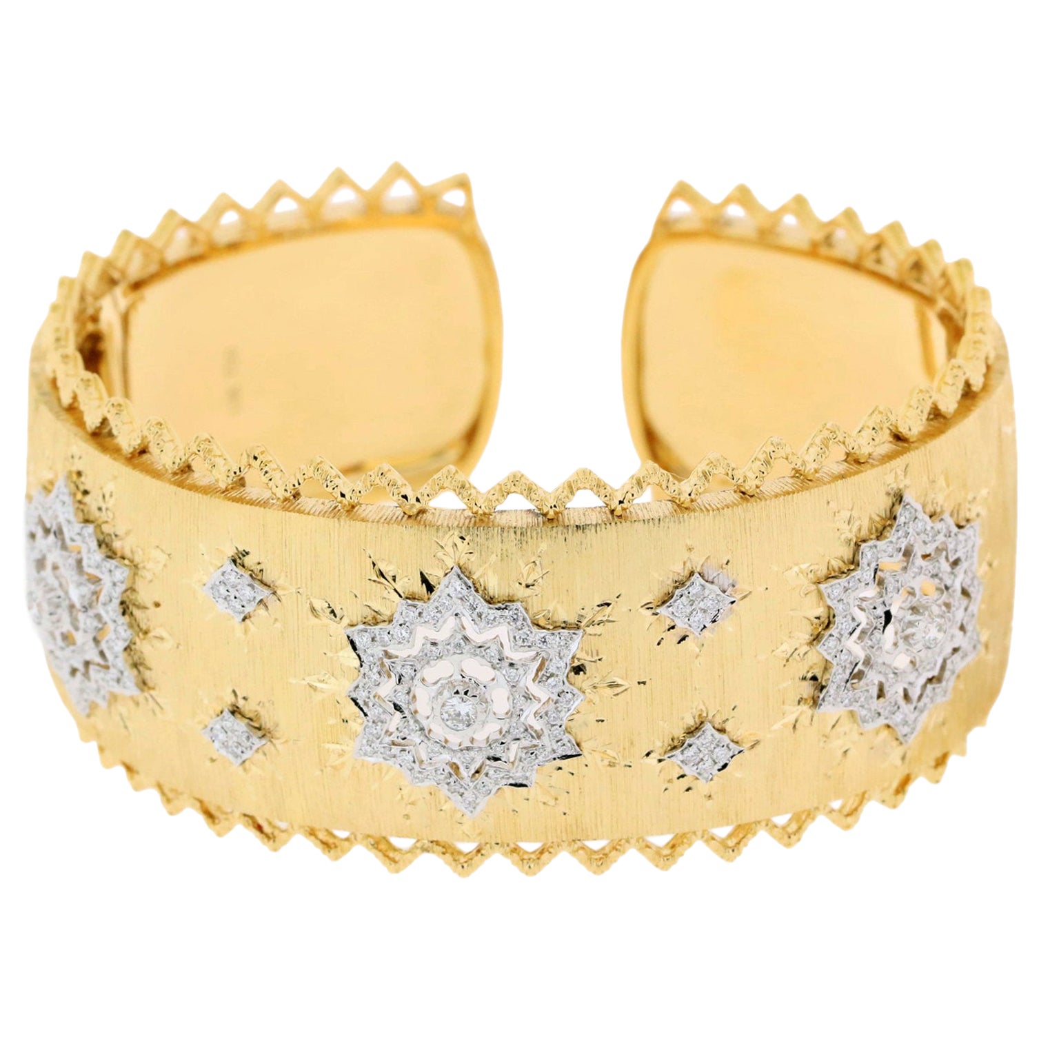 18K White and Yellow Gold Diamond Openwork Art Cuff Bracelet in Florentine Finish For Sale at ...