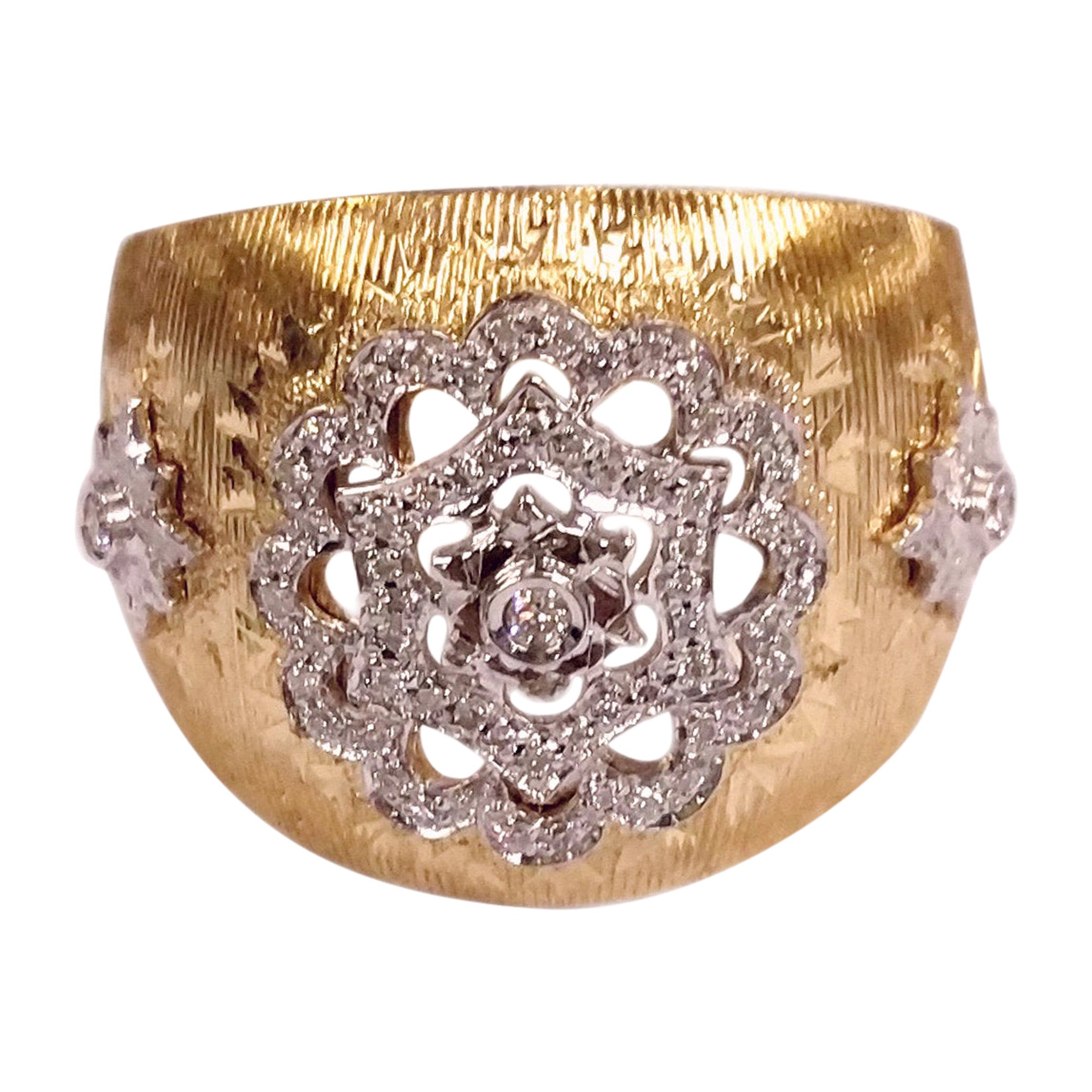 18K White and Yellow Gold Artisan Diamond Dome Ring in Florentine ...