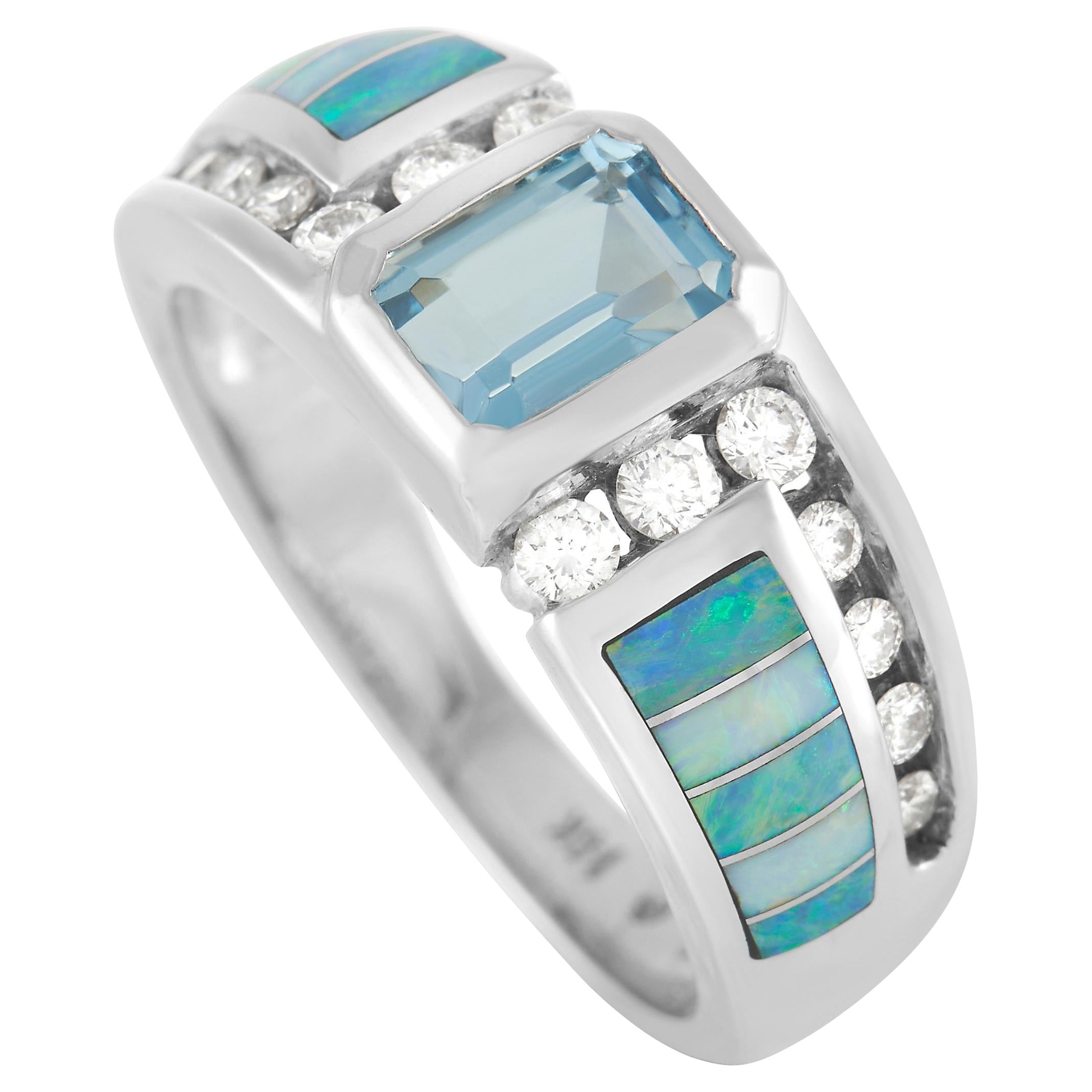 Kabana 14K White Gold 0.35 Ct Diamond, Aquamarine, and Inlaid Opal Ring ...