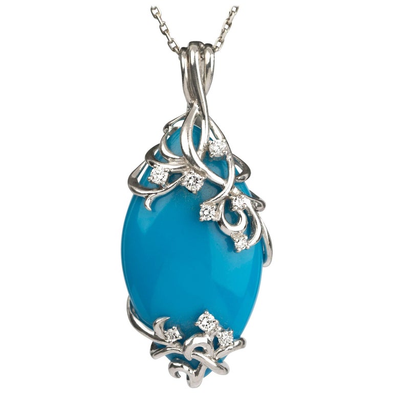 Persian Blue Robin’s Egg Blue Turquoise Diamond Platinum Necklace For ...