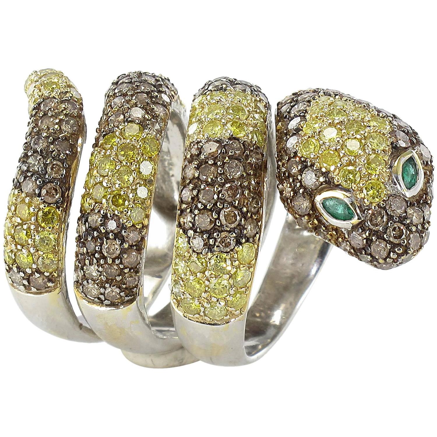 Yellow and Cognac Diamond Emerald Gold Snake Ring For Sale at 1stdibs