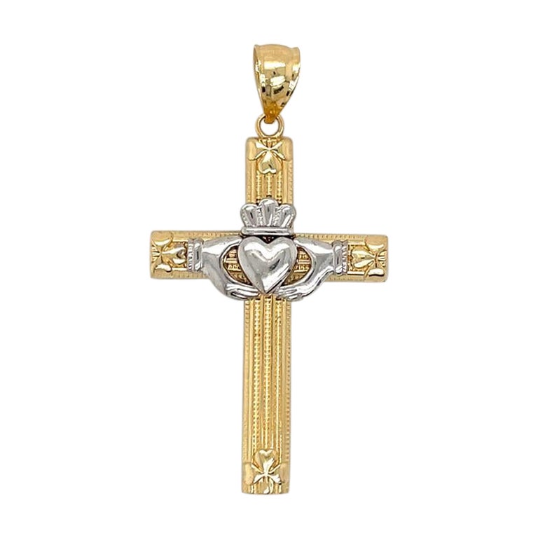 Claddagh Cross Yellow and White Gold Charm Pendant at 1stDibs