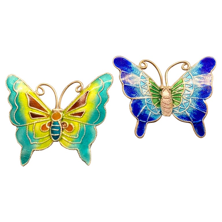 Sterling Silver Enameled Butterfly Brooch Pair For Sale at 1stDibs