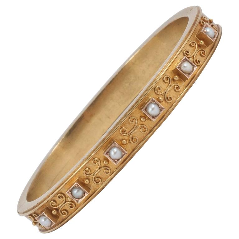 Russian Pearl Gold Bangle Bracelet For Sale at 1stDibs