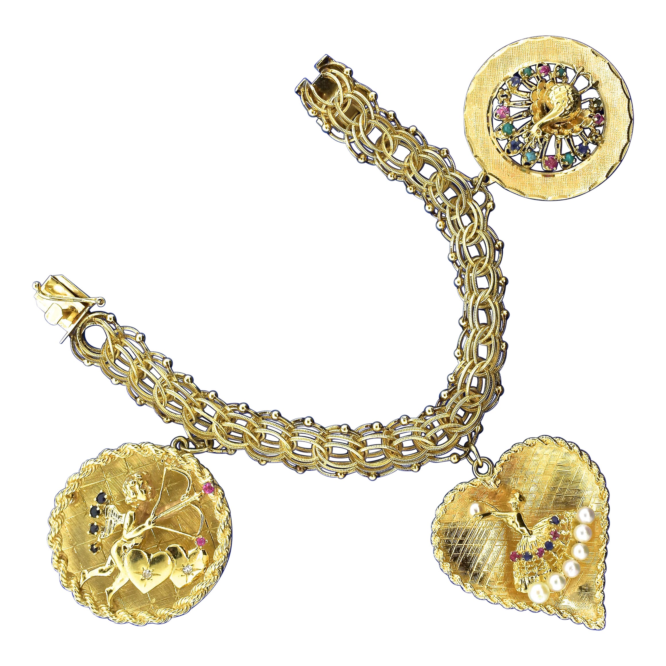 Midcentury Large Italian Gold Charm Bracelet with Assorted Colored ...