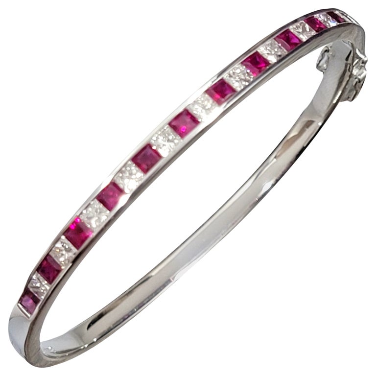 Princess Cut Ruby and Diamond Oval Hinged Bangle Bracelet in 18 Karat ...