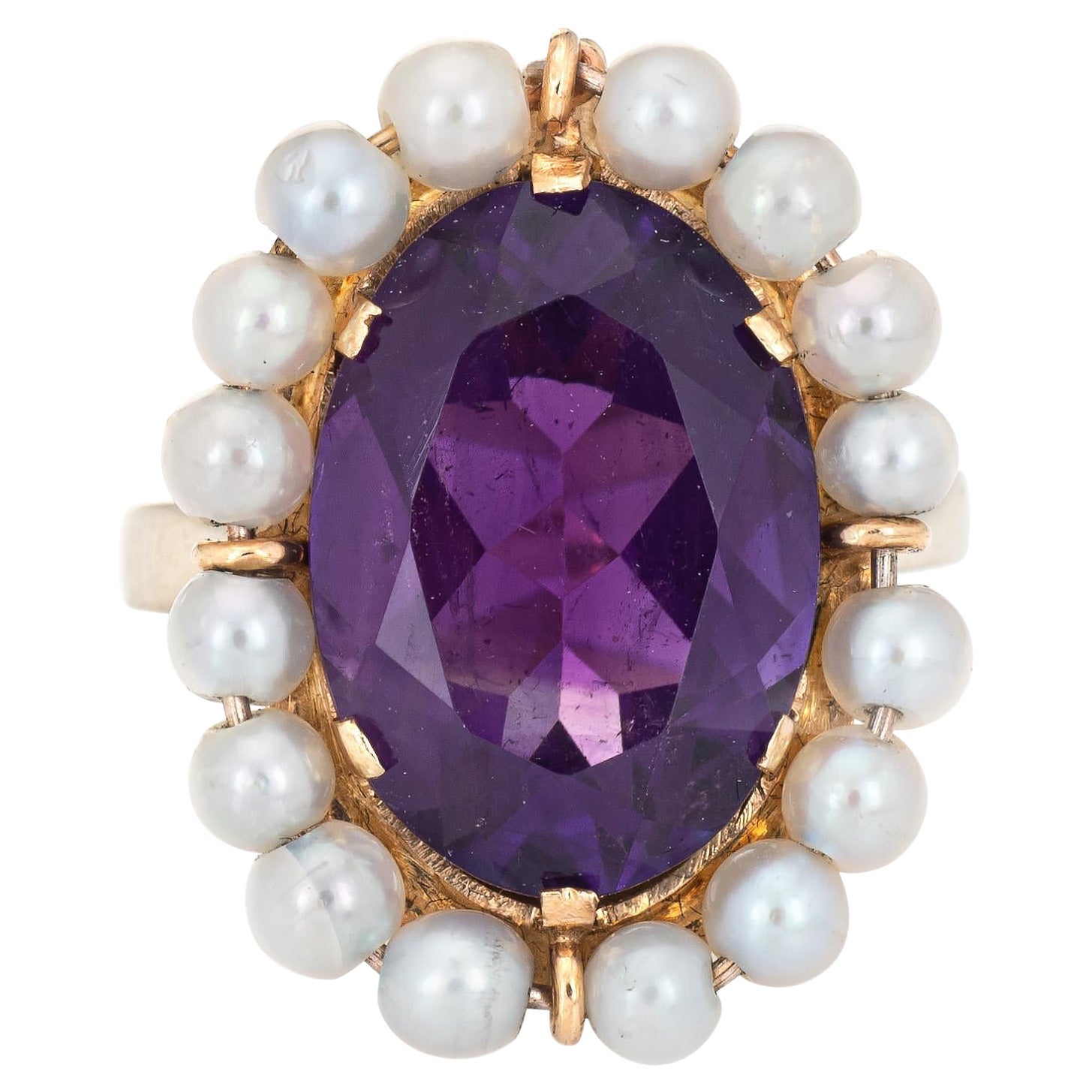 Vintage Amethyst Seed Pearl Ring 14 Karat Yellow Gold Square Cocktail ...