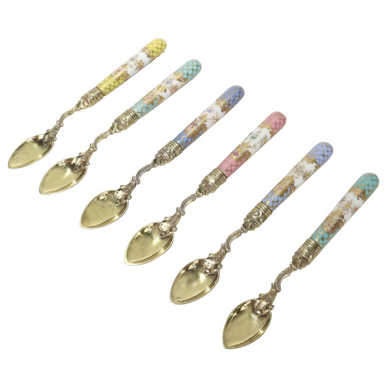 Set of 6 Antique Richard Garten 800 Silver and Dresden Porcelain ...