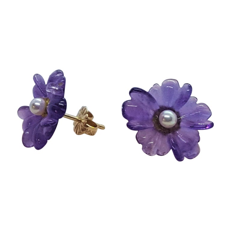 14kt Yellow Gold Floral Cut Amethyst Pearl Earrings, Friction Posts For ...