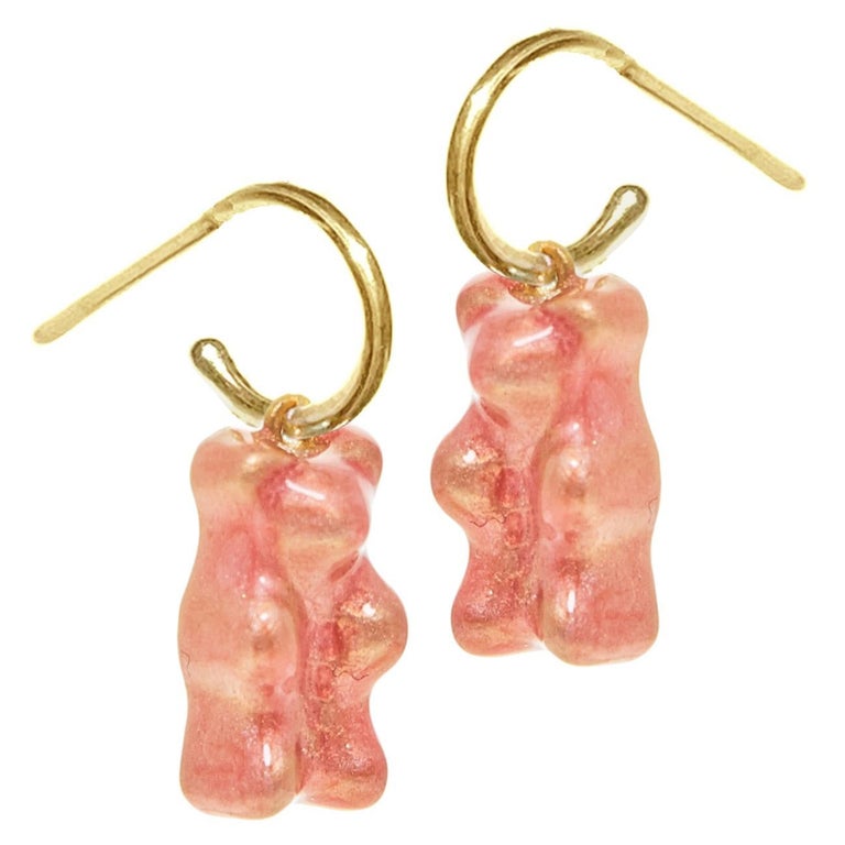 Mini Hoops Earrings Gummy Bears 18 Karat Gold-Plated Silver Pink Enamel ...