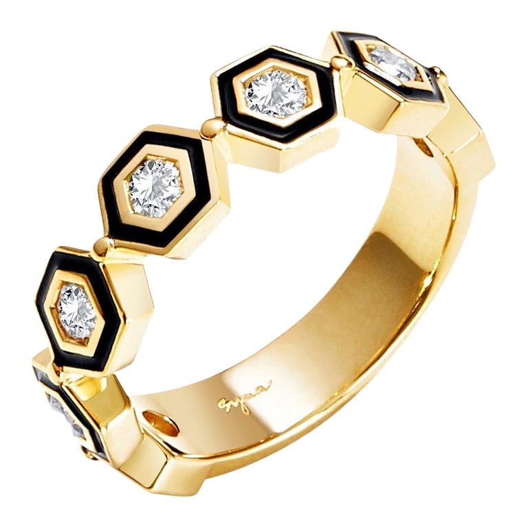 Syna Yellow Gold Hex Band with Black Enamel and Champagne Diamonds For ...