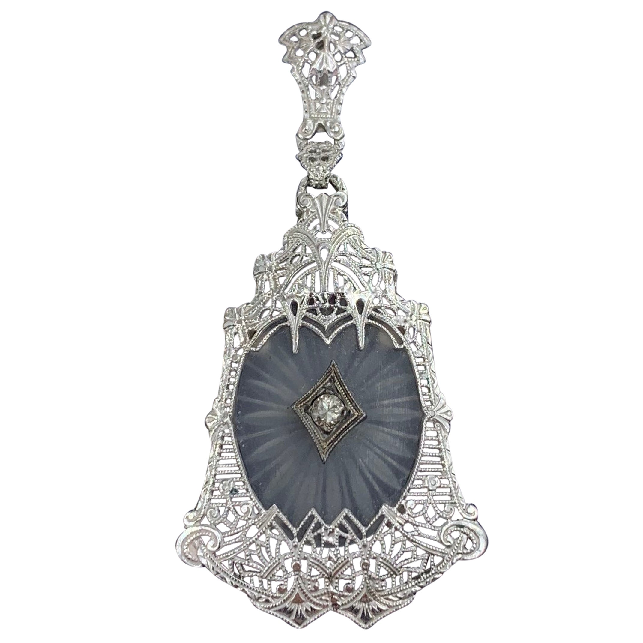 Art Deco Rock Crystal Diamond Gold Filigree Necklace at 1stDibs