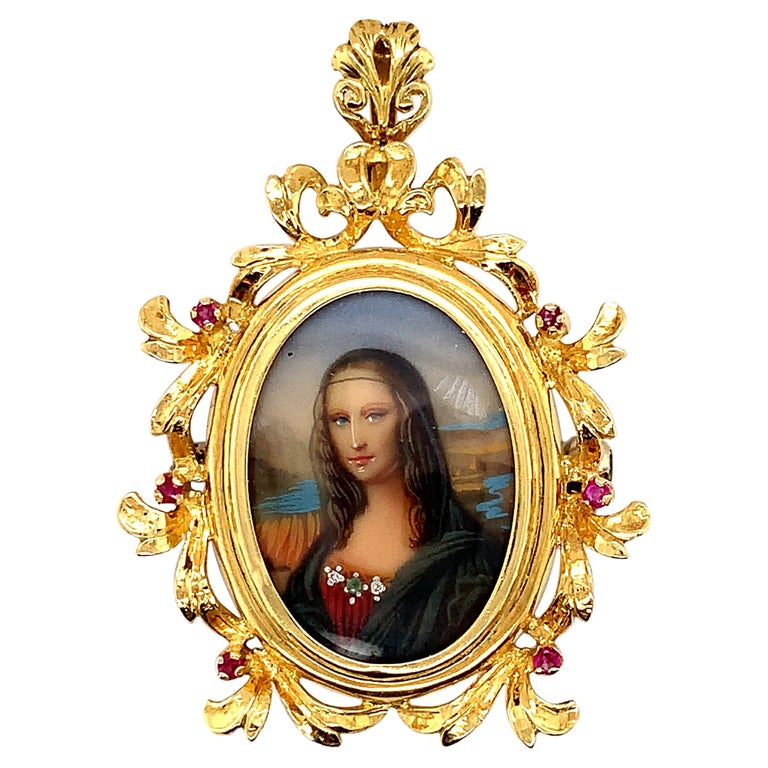 18k Yellow Gold Hand Painted Portrait Pin Mona Lisa For Sale at 1stDibs